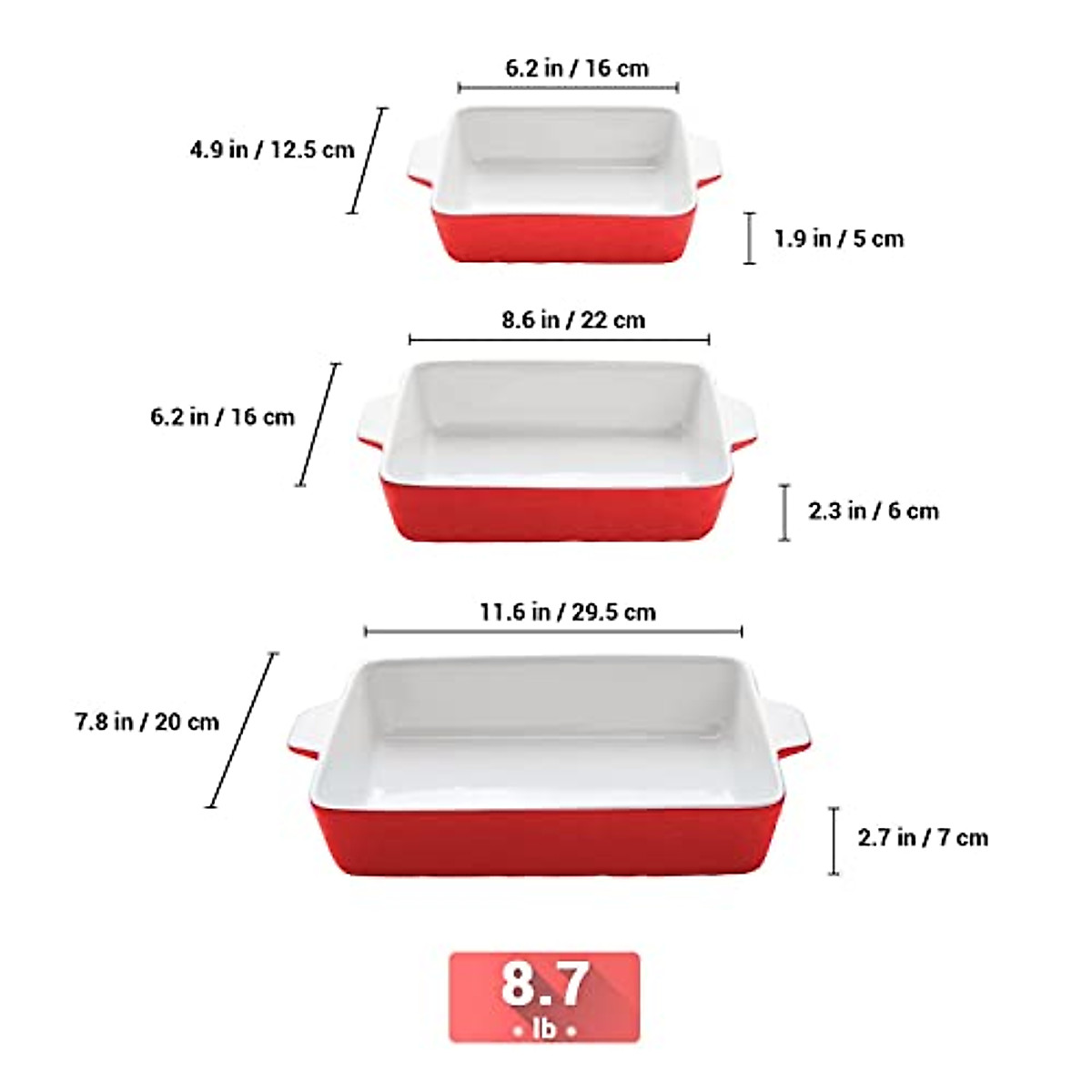 Krokori Casserole Dishes for Oven, Baking Dishes Lasagna Pan Ceramic Baking Pan Deep Glaze Bakeware for Cooking, Kitchen, Cake Dinner, Banquet and Daily Use, 3PCS (11.6 x 7.8 Inches, Red)