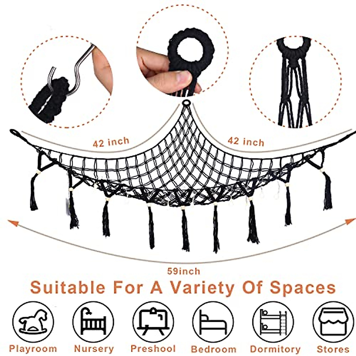 KoHuiJoo Stuffed Animal Net Hammock Macrame Boho Plush Toy Net Hammock for Stuffed Animals with Lights Stuffed Animals Corner Hanging Stuffed Animal Storage Net for Kids Bedroom Black