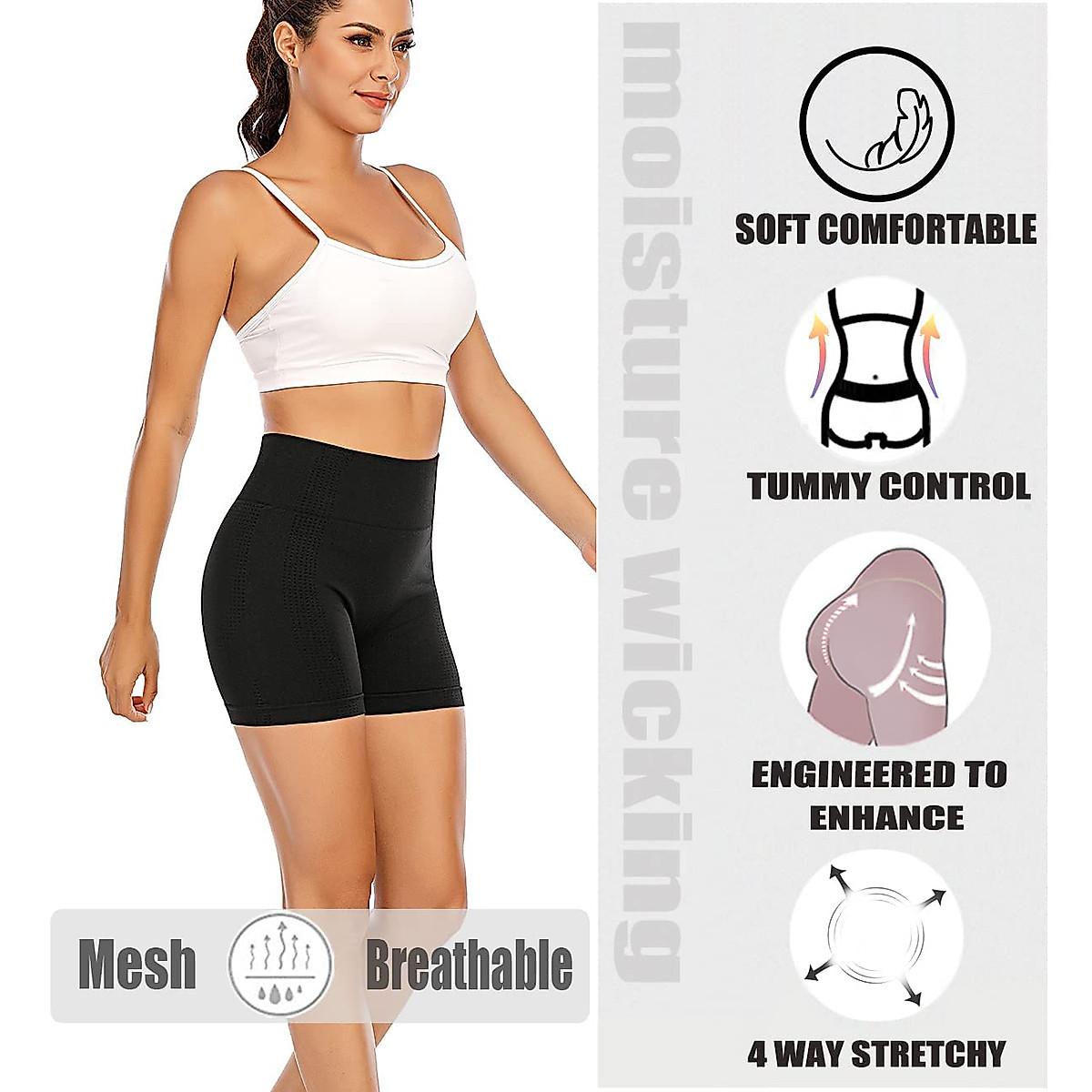 AHLW Seamless Workout Shorts for Women High Waist Tummy Control Breathable Athletic Gym Running Shorts A-Black