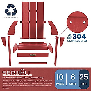 SERWALL Adirondack Chair Hips Outdoor Modern Chair Weather Resistant for Patio Garden- Red
