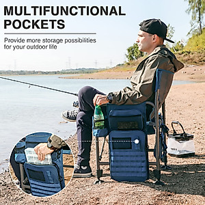 EVER ADVANCED Fishing Chair with Rod Holder and Cooler, All Terrain Ice Fishing Chair with Adjustable Feet, Mesh Back Folding Camping Chair with Shoulder Strap, Heavy Duty Supports 350LBS