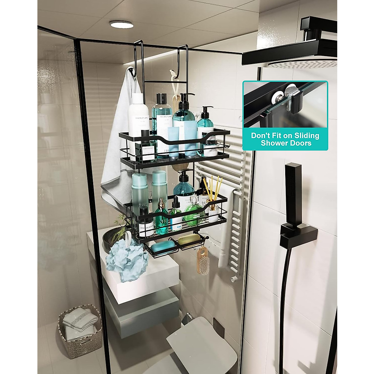 Consumest 3-Tier Hanging Shower Caddy Over the Door, Large Capacity Hanging Shower Organizer With 2 Soap Holder & 8 Hooks Rustproof Easy Installation Over Door Shower Shelf for Bathroom, Black