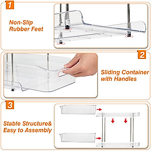 JUPELI Clear Bathroom Organizer, 2 Tier Pull Out Kitchen Closet Undersink Organization and Storage Bins, Convenient and Durable Cabinet Organizer for Snack Spice Jar Medicine and Cosmetics, 2pack