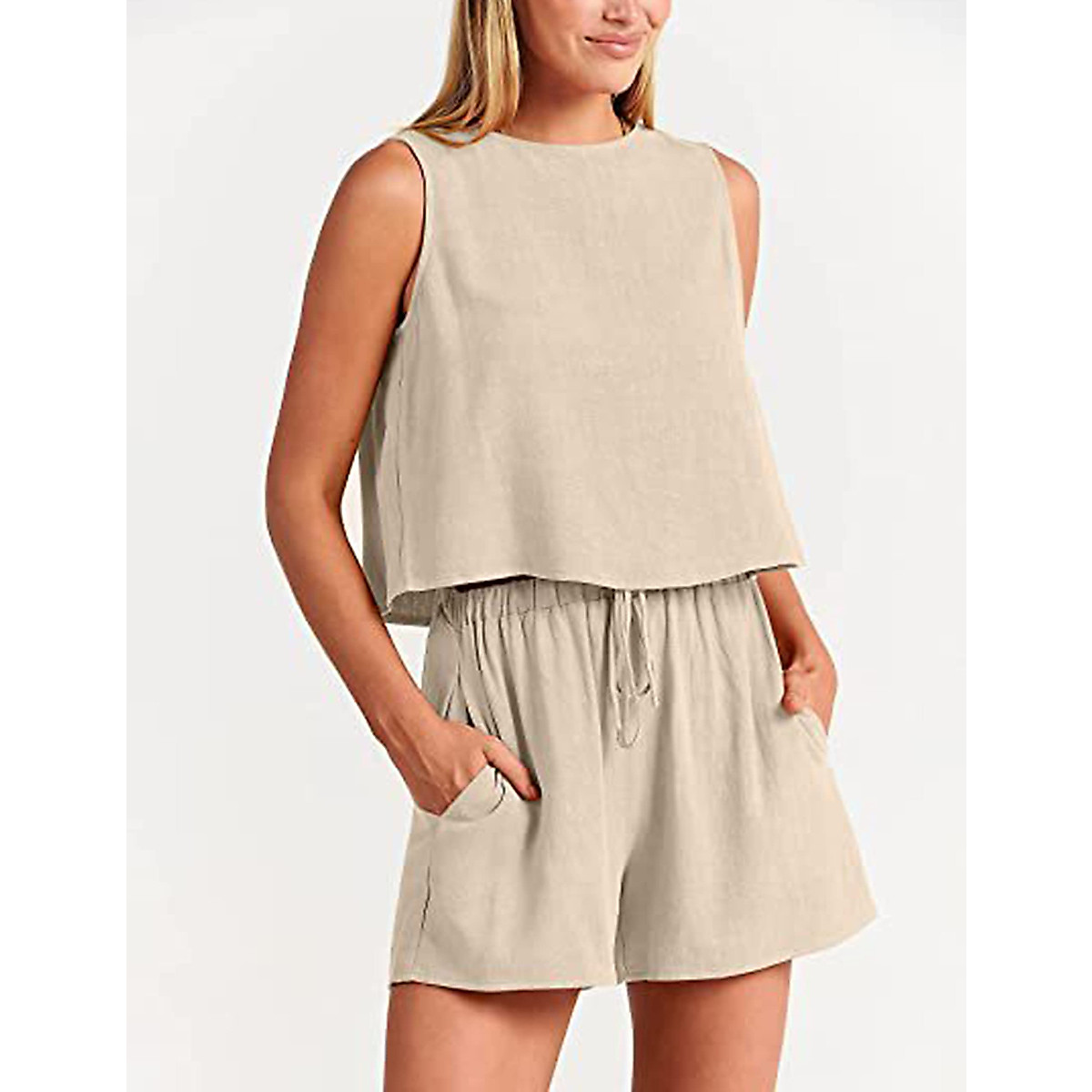 PUWEI Womens Summer Linen 2 Piece Sets Lounge Outfits Crop Tank Top High Waist Shorts Matching Sets Romper (2870-Apricot-XL)