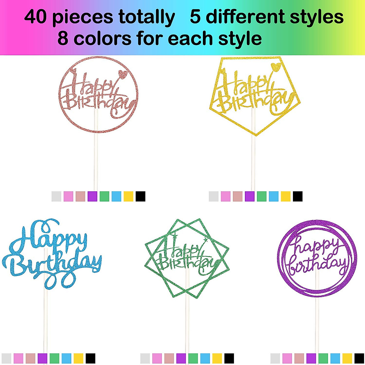 40 Pieces Happy Birthday Cake Toppers Glitter Birthday Cupcake Topper Assorted Color Cake Pick Decorations for Birthday Party Cake Desserts Pastries, 5 Styles