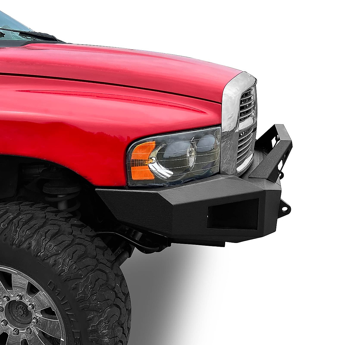 Hooke Road 03-05 Ram Full Width Front Bumper w/Winch Plate & LED Spotlights for 2003 2004 2005 Dodge Ram 2500 3500 Truck (Excluding Diesel Models), Solid Steel Offroad Bumper
