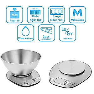BAGAIL BASICS Electronic Kitchen Scale Premium Large Display Backing Scale Wet and Dry Food Weighing Scale with Stainless Steel Mixing Bowl - 5kg