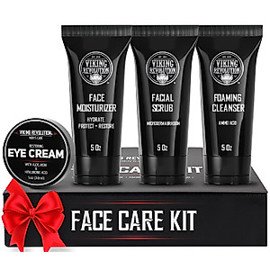 Viking Revolution Mens Facial Skin Care Kit - Includes Rejuvenating Face Moisturizer (5oz) Microdermabrasion Facial Scrub (5oz) Foaming Cleanser (5oz) Eye Cream (1oz)