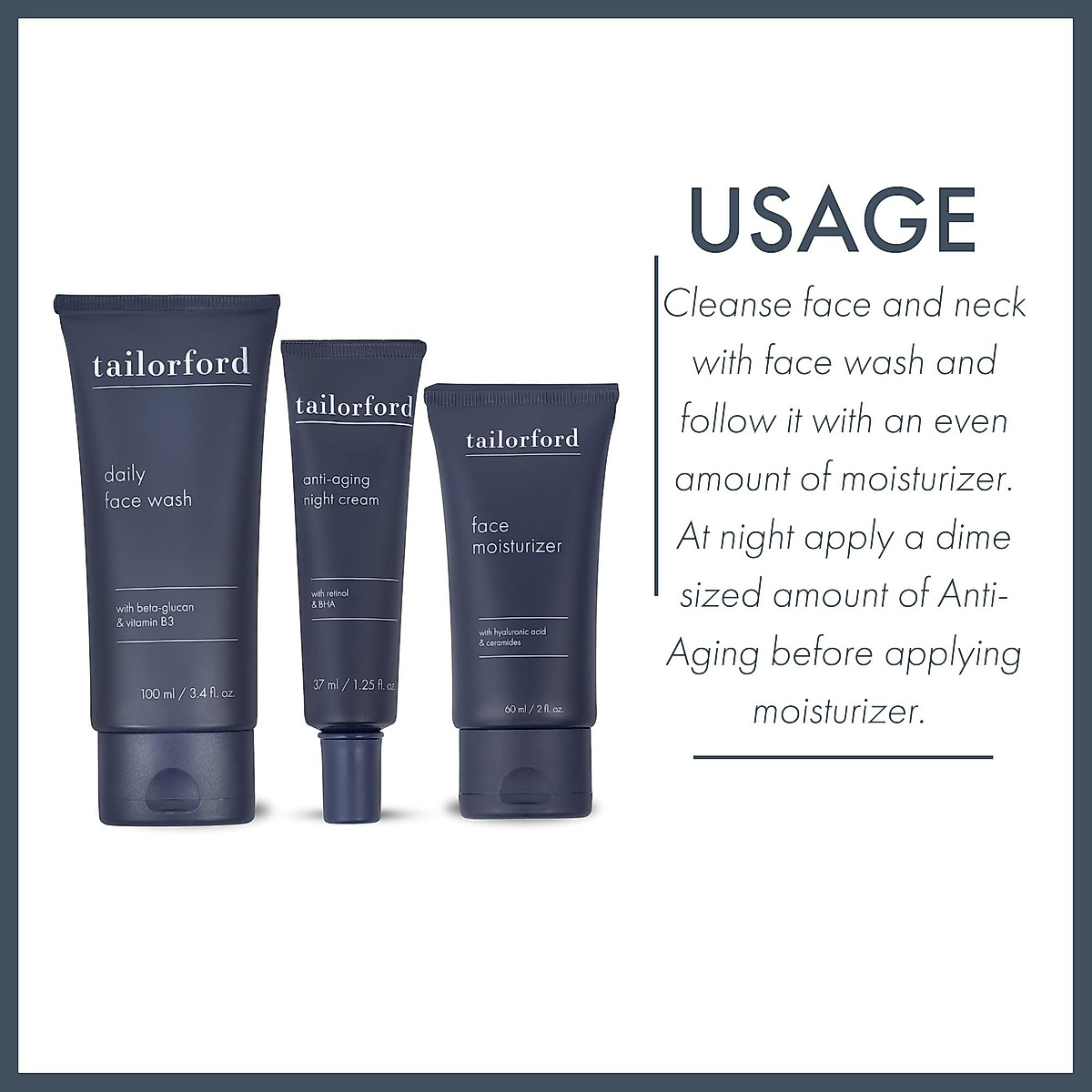 Tailorford Unisex 3 Step Skin Care Routine including Face Wash, Moisturizer and Night Cream, Skin Care Set for Men and Women, Travel Size