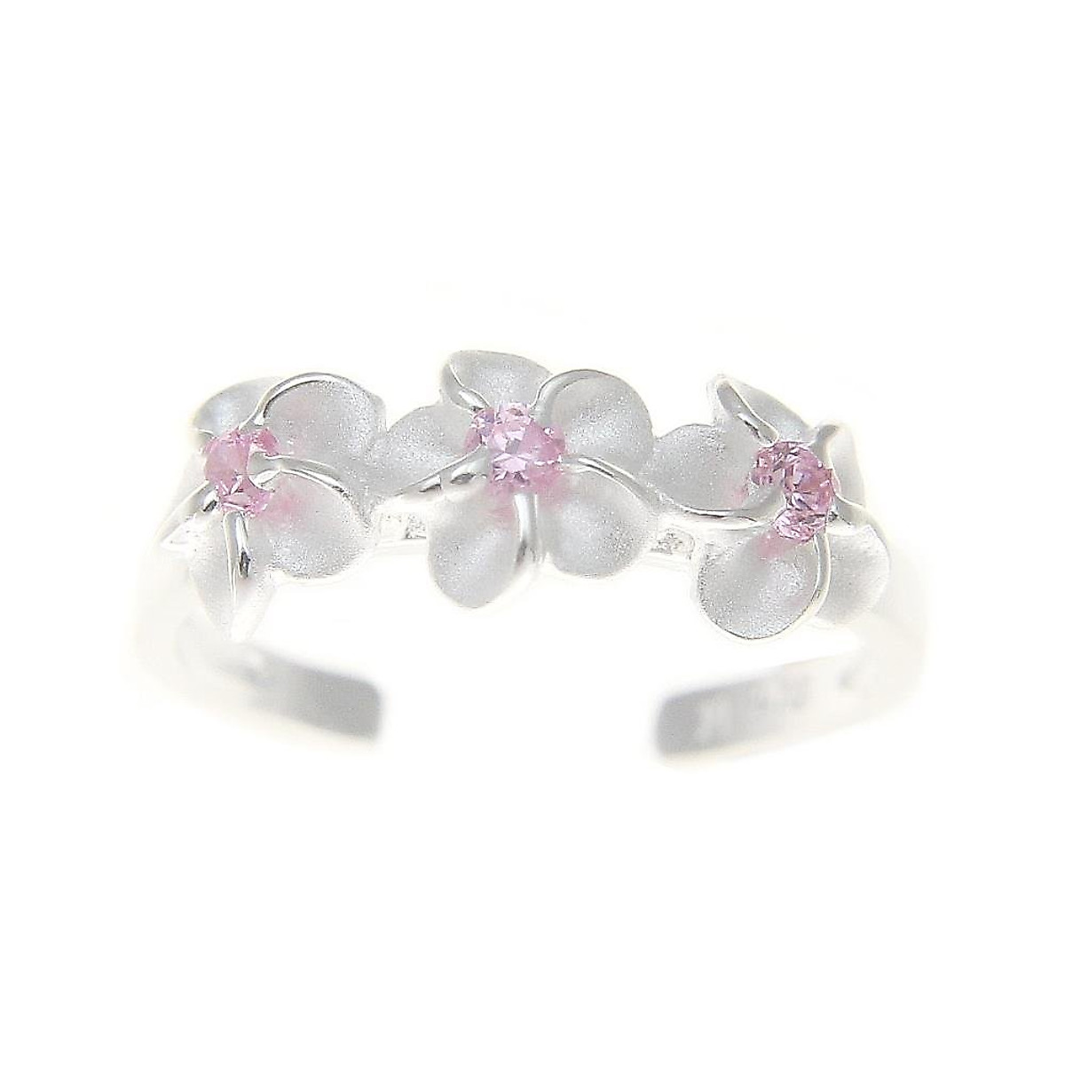 Arthur's Jewelry 925 sterling silver Hawaiian 3 triple plumeria flower pink cz open toe ring