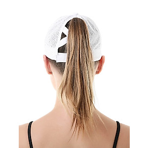 Nanwansu Womens Criss Cross Ponytail Baseball Cap Adjustable Messy Bun Mesh Quick Drying Hat White