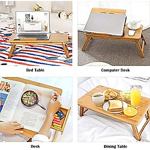 Bamboo Laptop Desk, Adjustable Portable Breakfast Serving Bed Tray with Tilting Top Drawer for Surfing Reading Writing Eating (Bamboo)