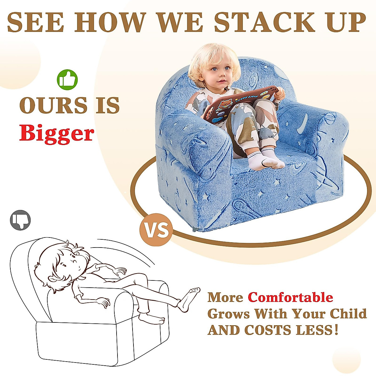 ILPEOD Toddler Chair Sherpa Couch Sherpa Kids Chair, Cuddly Comfy Toddler Plush Chair Toddler Couch Reading Chair for Kids Glow in The Dark Starry Sky Blue