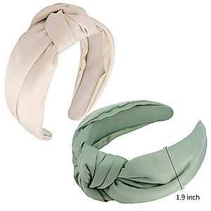 VELSCRUN 2 Pack White Green Wide Knotted Headbands for Women Satin Women Headband Non Slip Head Bands Silk Headband Elastic Turban Fashion Hair Band Hair Styling Accessories Womens Sisters Girls