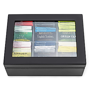 Break Tradition Wooden Tea Organizer For Tea Bags - Black Wooden Tea Chest With 6 Compartments - Clear Top Window - Lid Stays Open (Black)