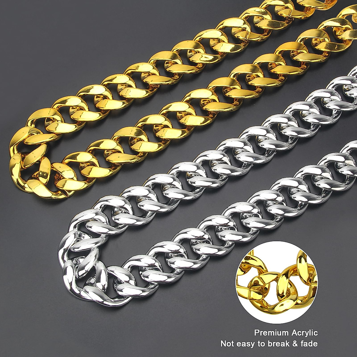 Catcan Hip Hop Chunky Gold Chain Silver Chain 2 Pack, 32 Inch Plastic Chain Necklace Costume Gold Chain Rapper 80s 90s Punk Turnover Necklace Men Costume Accessory for Party Costume Class Bar