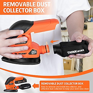 THINKWORK Cordless Detail Sander - 20V Electric Sander Tool with 21Pcs Sandpapers, 12000 OPM Power Sander with Dust Collection, Battery, Charger, Bag, Compact Hand Sanders for Woodworking,Sanding