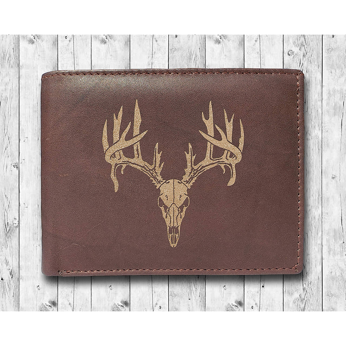 Deer Buck Antlers Skull Hunting Cowhide Leather Laser Engraved Engraving Slimfold Mens Large Capacity Luxury Wallet Purse Minimalist Sleek Slim Brown Credit Card Holder Organizer 14 Pocket with RFID