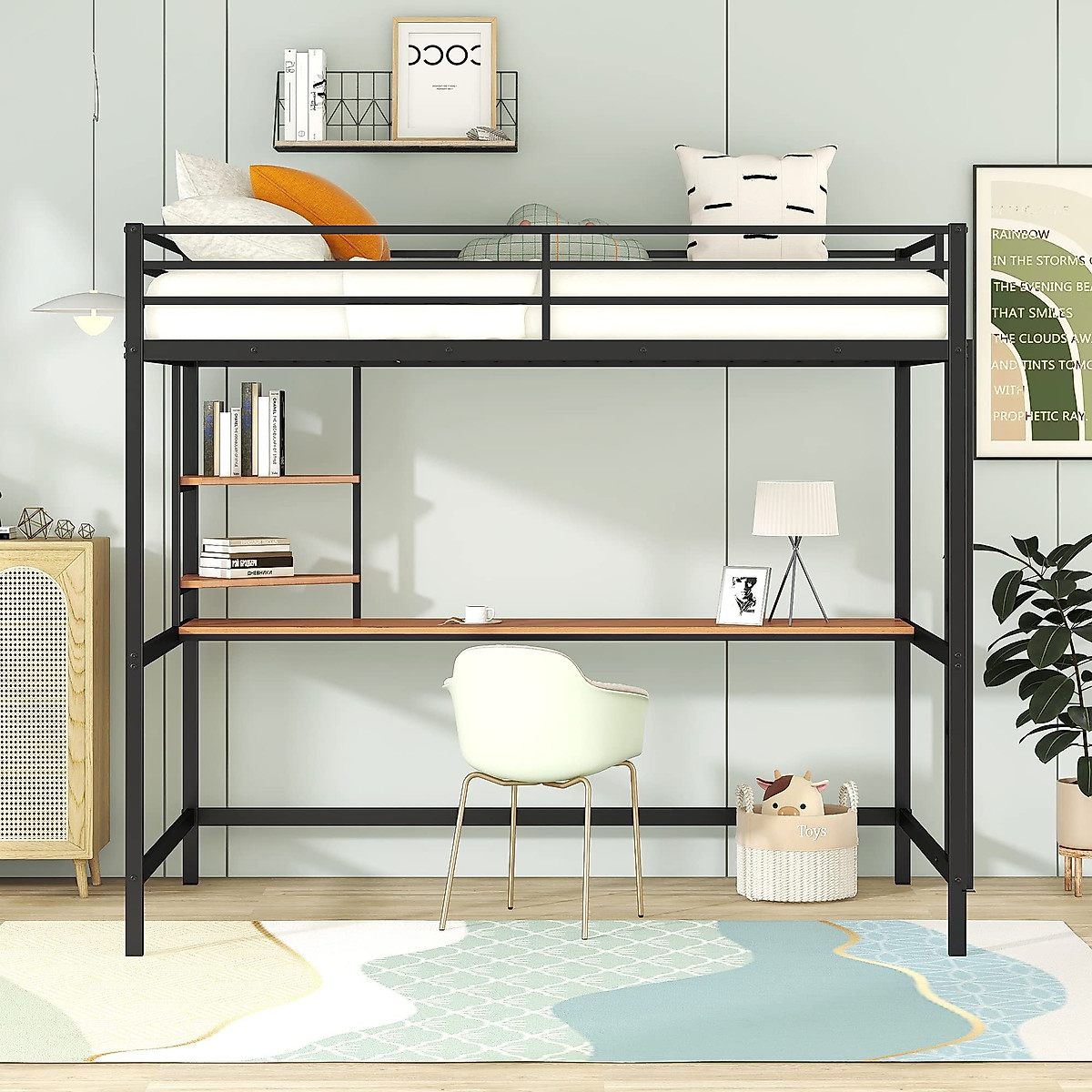 GLORHOME Full Size Metal Loft Bed with Desk, Modern Style and Safety Features for Kids and Teens, Turn Any Space into a Workstation or Lounge Area,Black