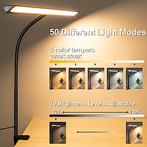 KAiSnova LED Desk Lamp with Clamp, 10W Clip Lamp for Desk 50 Lighting Modes Computer Monitor Lights 360° Flexible Gooseneck Desktop Lighting for Office Home Video Conferencing Workbench Drafting
