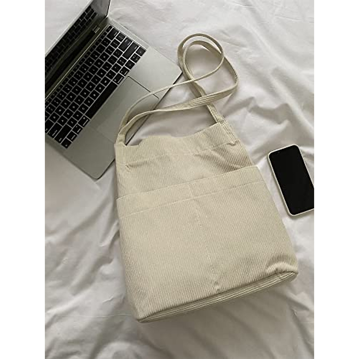 SHENHE Women's Corduroy Double Handle Big Canvas Shoulder Bags Tote Handbags with Pockets Beige One Size