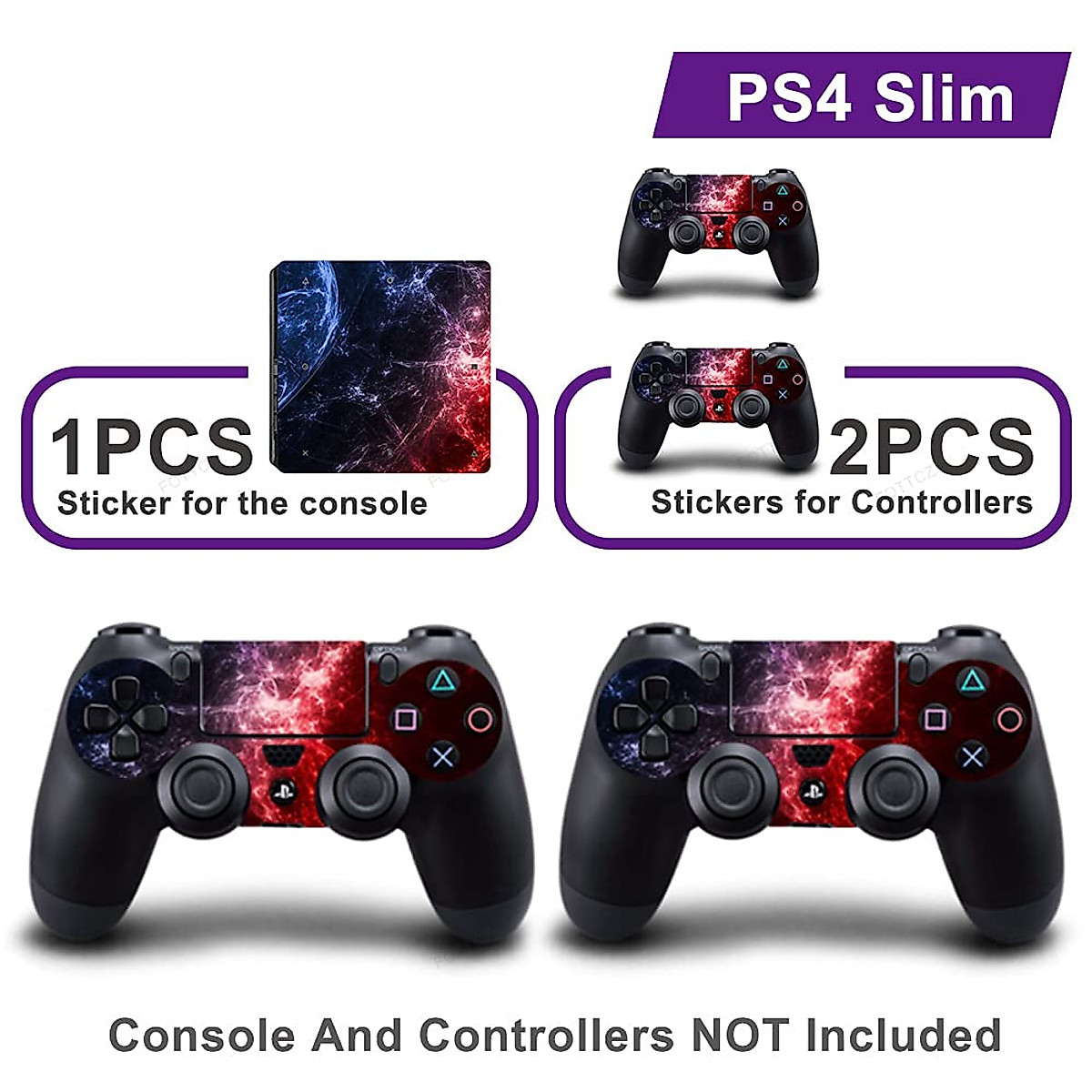 FOTTCZ Full Body Red and Blue Cosmic Nebular Protective Vinyl Skin Decal for PS4 Slim Console and 2PCS Controller Skins Stickers
