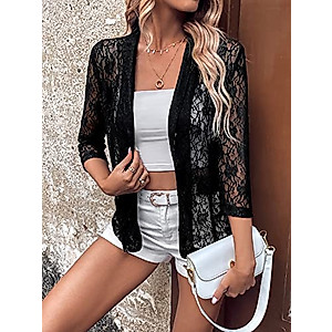 SweatyRocks Women's 3/4 Sleeve Floral Lace Open Front Collared Blazer Jacket Black XL
