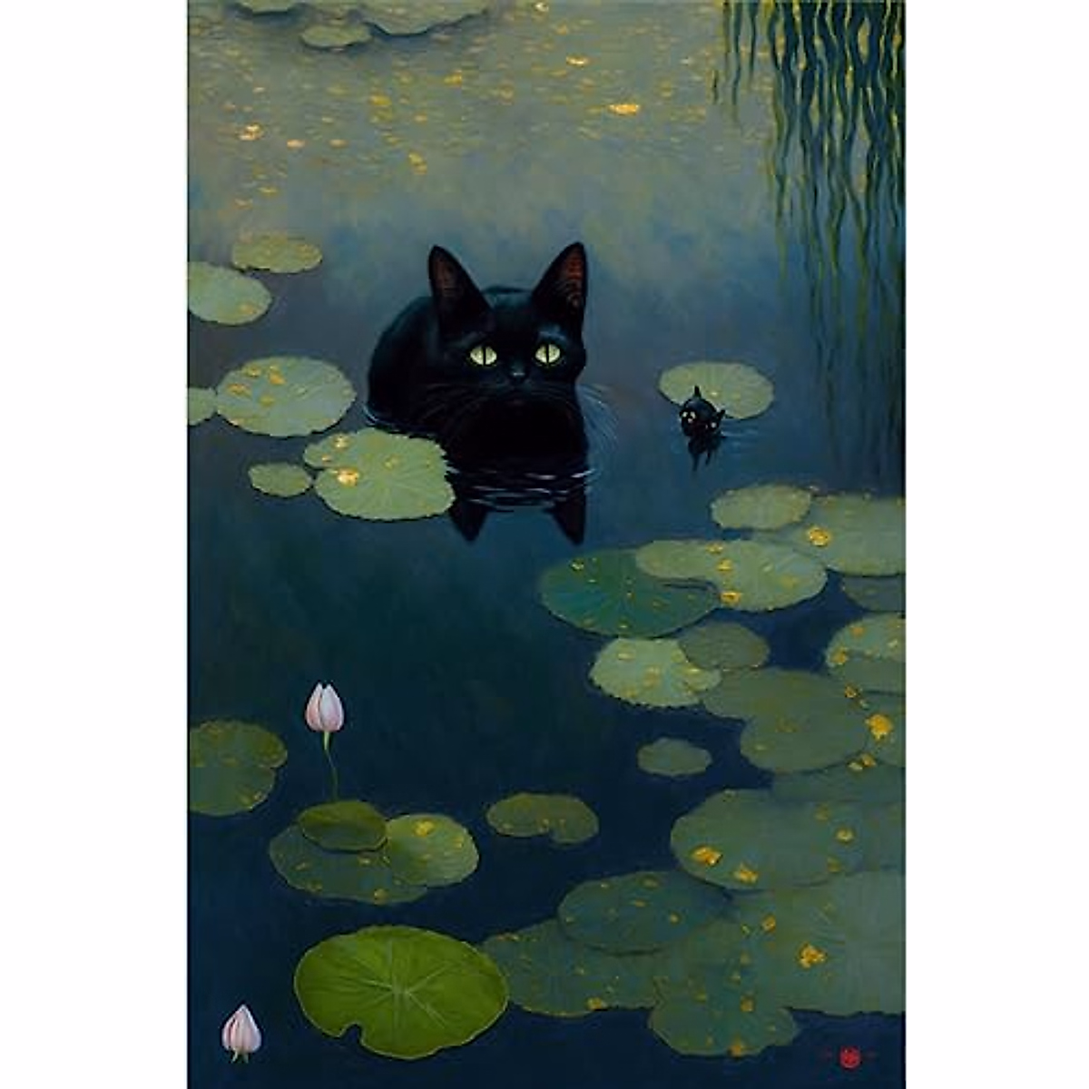 RMSGOZO Unframed Canvas Painting Pond Black Cat - Summer Oil Painting Art Printed Stretch Artwork, For Wall Art Aesthetic Decor 8 X 12 Inch