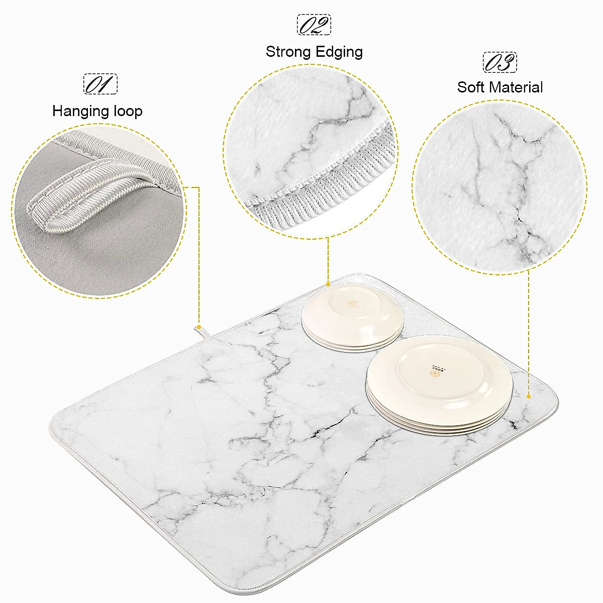 Absorbent Dish Drying Mat for Kitchen Counter - Marble Print Microfiber Drying Pad, Reversible Drainer Mats for Countertop, Medium 16 x 18 inch