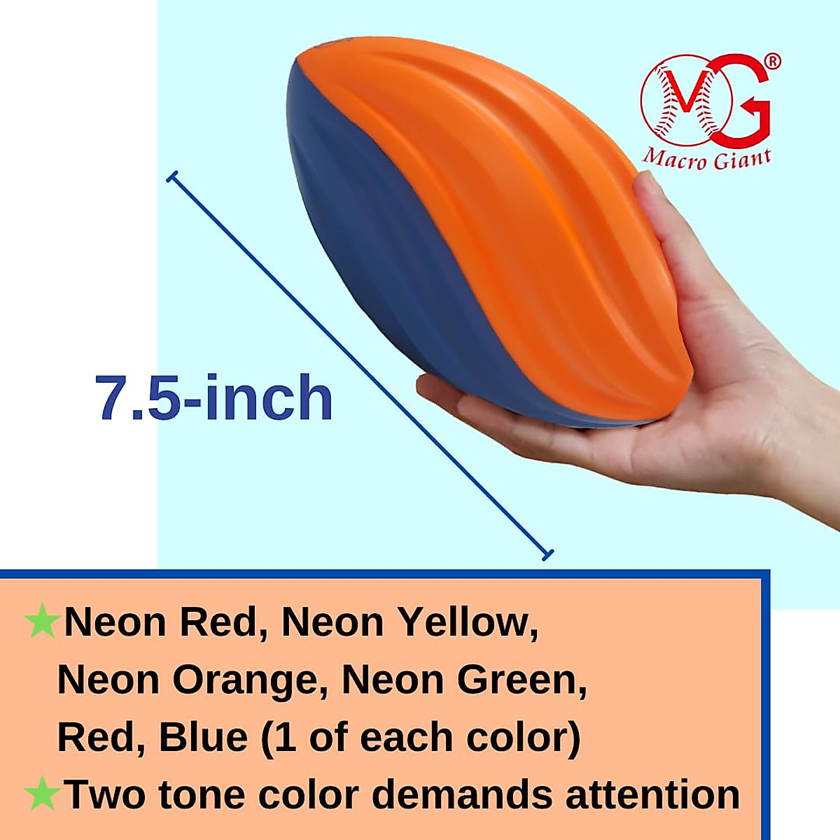 Macro Giant 7.5 Inch PU Soft Foam Spiral Football, Set of 6, Assorted Colors, Training Practice, Kid Toy, Yard Game, Preschool