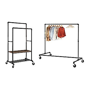 GREENSTELL Heavy Duty 2 Shelf Rolling Clothes Rack Industrial Pipe Style Garment Rack + Z-Base Garment Rack, Industrial Pipe Style, Used for Indoor/Outdoor, Living room, Balcony, Shopping Mall