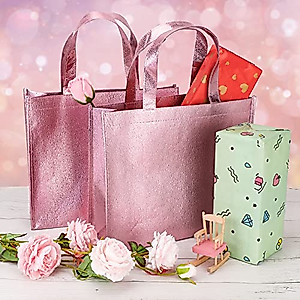 PHOGARY 12 Large Gift Bags with Handles (Pink), Stylish Tote Bags for Birthday Wedding Party Favor Christmas Present Wrap, Reusable Glossy Grocery Bags, non-woven fabric