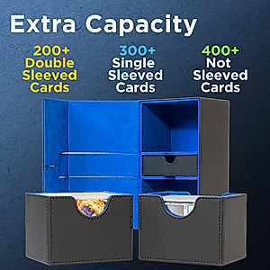 Durable Double Deck Box with Dice Tray - MTG Deck Box Commander Friendly - Protects 200+ Double Sleeved Cards - Designed for MTG Commander Deck Box with Sideloading Card Trays (Blue Interior)