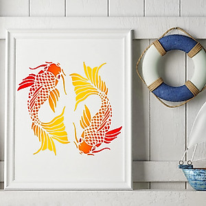 FINGERINSPIRE Koi Drawing Painting Stencils Templates (11.8x11.8inch) Plastic Koi Fish Stencils Decoration Square Carp Stencils for Painting on Wood, Floor, Wall and Fabric