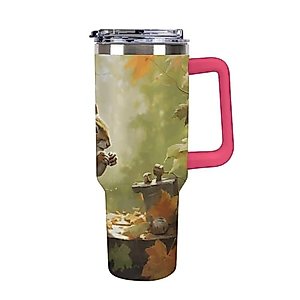 LLUTSNTH 40 Oz Vacuum Tumbler with Light Rose Red Handle Leakproof Insulated Tumbler Squirrel Eats Nuts Stainless Steel Travel Mug with Lid And Straw Coffee Cup Cute Water Bottles Cup Holder Friendly