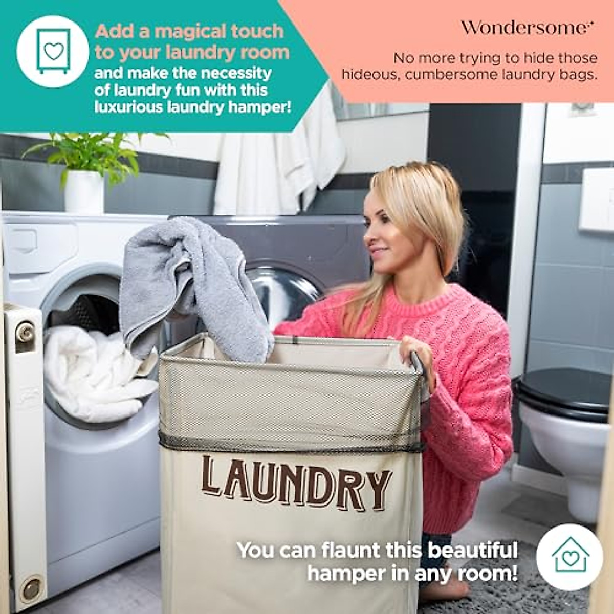 Wondersome Laundry Hamper with Wheels - Farmhouse Cream - 90-Liter Extra Large Collapsible Rolling Clothes Cart - Heavy Duty Locking Metal Wheel Tall Rectangular Canvas Storage Basket - US-Based Brand