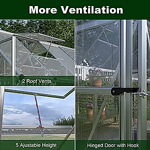 PAPAJET 6x8 FT Hybrid Polycarbonate Greenhouse 2 Vent Window with Lockable Hinged Door Walk-in Hobby Greenhouse, Aluminum Hot House for Outdoor Garden Backyard Silver
