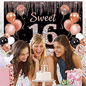 Sweet 16th Birthday Banner Decorations with Confetti Balloon Arch Garland, Rose Gold Happy 16 Birthday Backdrop Balloon Kit Party Supplies for Girls, Sixteen Year Old Bday Photo Booth Decor