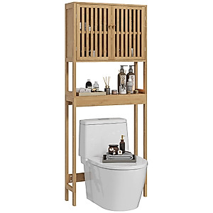 HOMCOM Bamboo Over The Toilet Storage Cabinet, Over Toilet Bathroom Organizer with Slatted Doors, Adjustable Shelf and Open Shelf, Natural