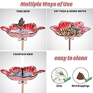 MUMTOP Bird Baths for Outdoors Glass Bird Bath Bowl Outdoor Bird Feeder Flower Pattern with Metal Stake for Garden, Yard and Lawn Decor (Red)