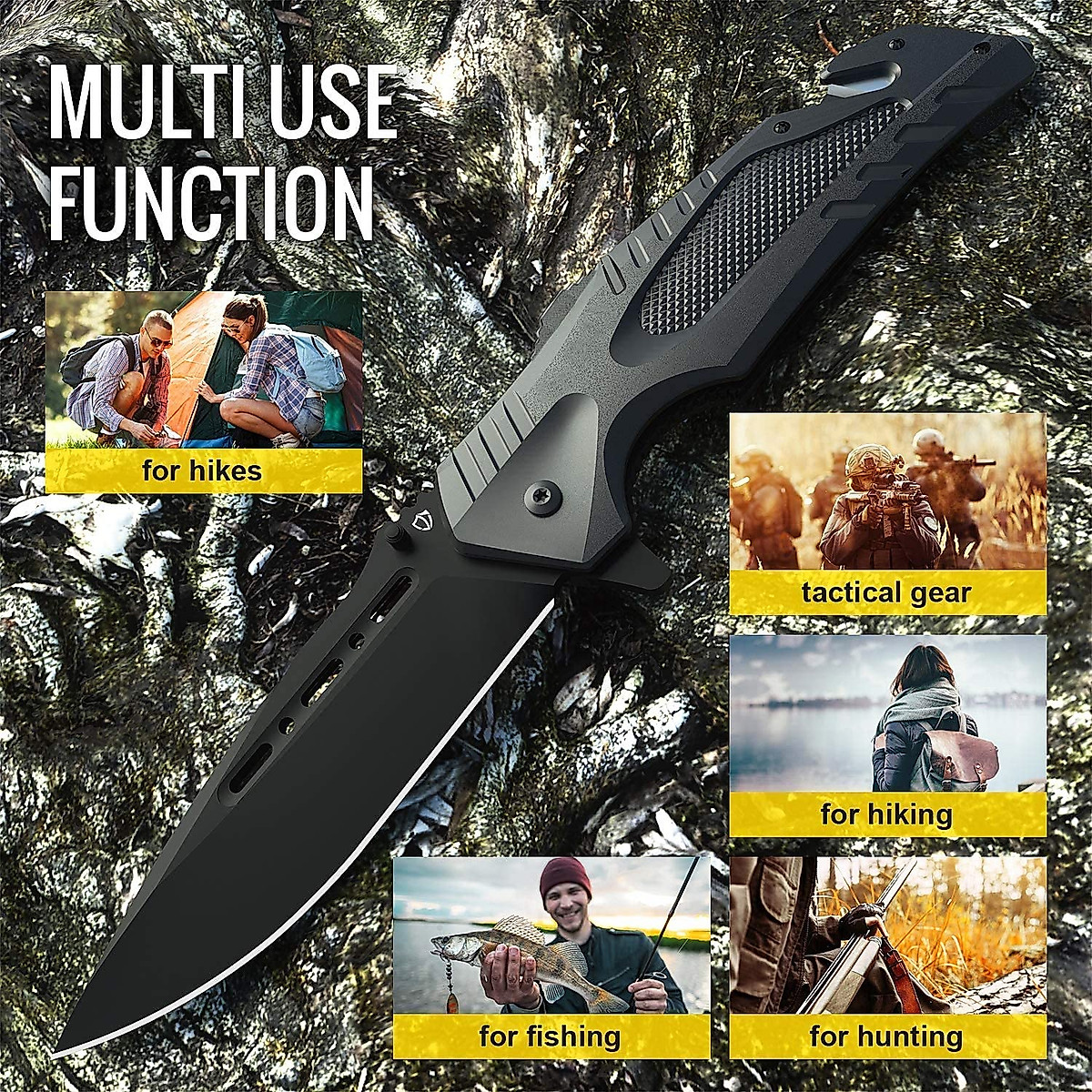 Jellas Pocket Knife for Men, 8Cr13Mov Tactical Knife, Folding Knife 440C Knife with Clip, EDC Knife, Knife for Fishing Hiking, Knives for Men and Women (Black)