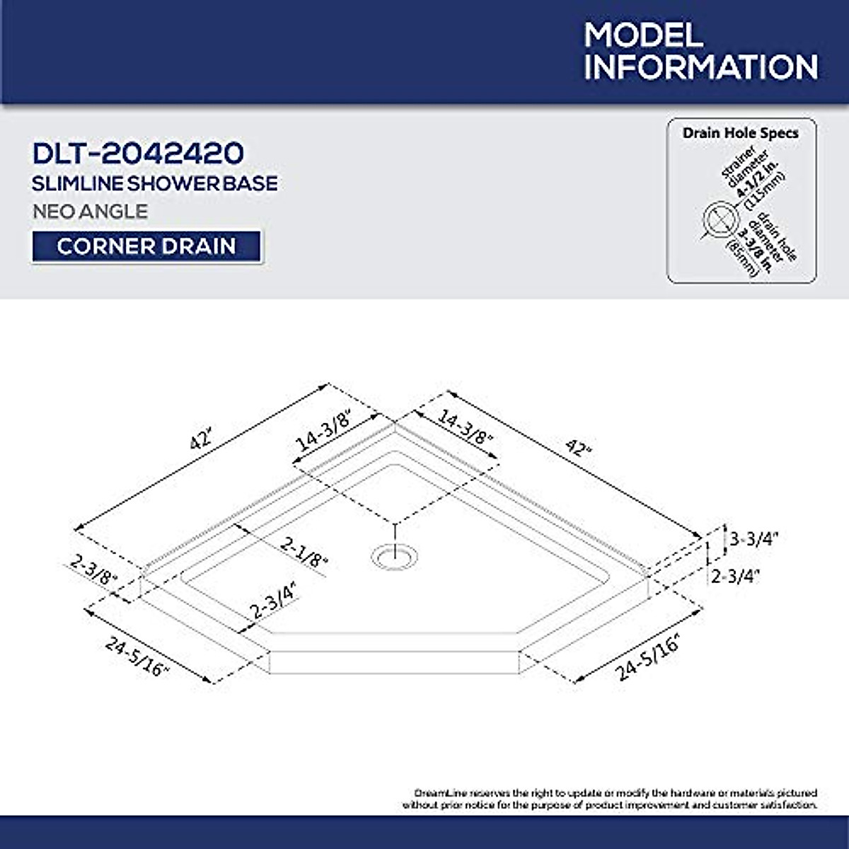 DreamLine SlimLine 42 in. D x 42 in. W x 2 3/4 in. H Corner Drain Neo-Angle Shower Base in Biscuit, DLT-2042420-22