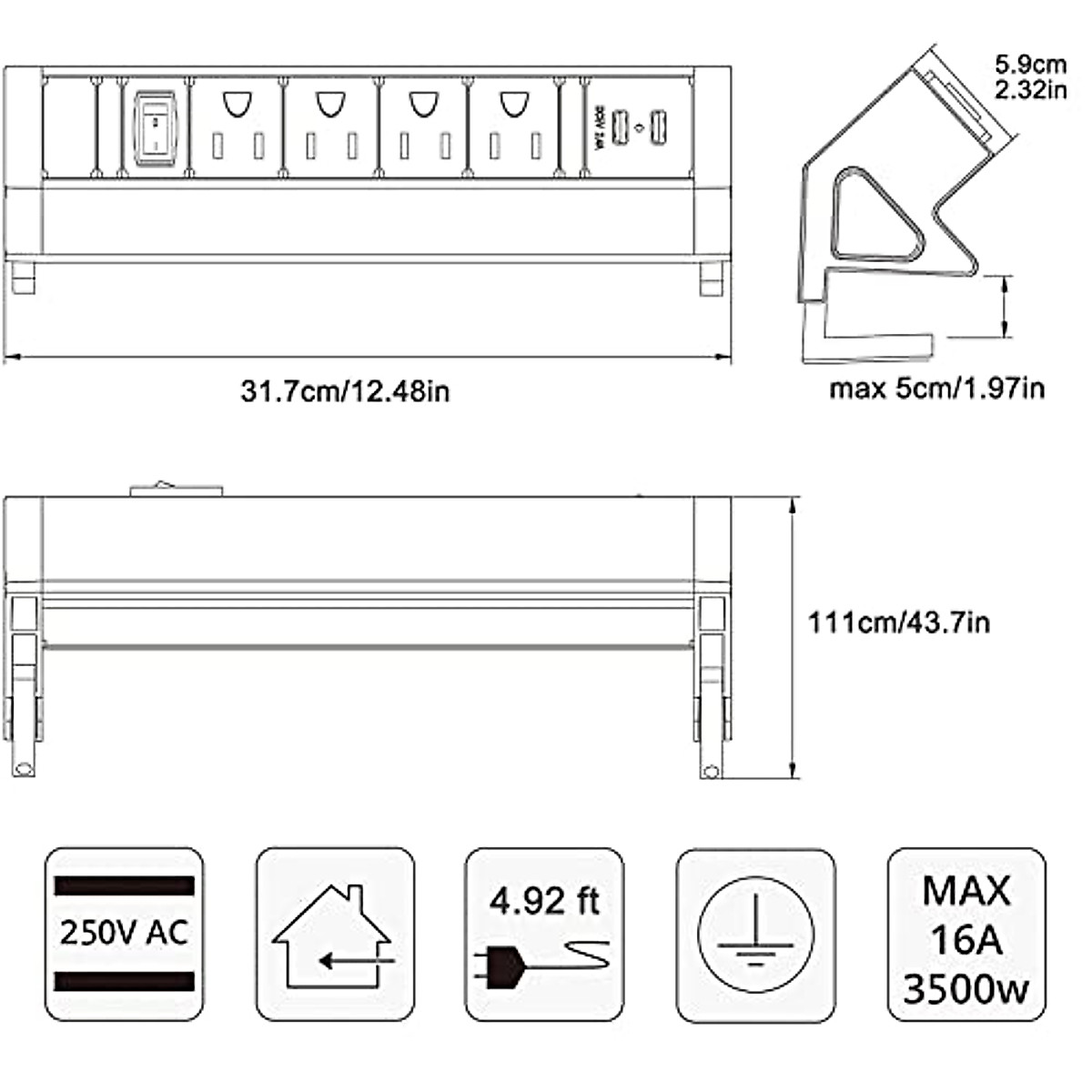 Desk Clamp Power Strip with 4-Outlet & 2 USB Ports, Desktop Power Outlet Clamp Mount Connect with 4.92ft Power Cord for Kitchen, Home, Office