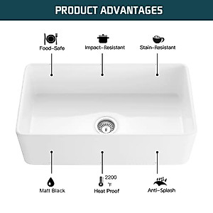 LYNNADO Farmhouse Sink 33 inch Fireclay Farm Kicthen Sink Apron Sink Large &Deep Single Bowl Undermount Sink with Bottom Grid in & Drain, White Color