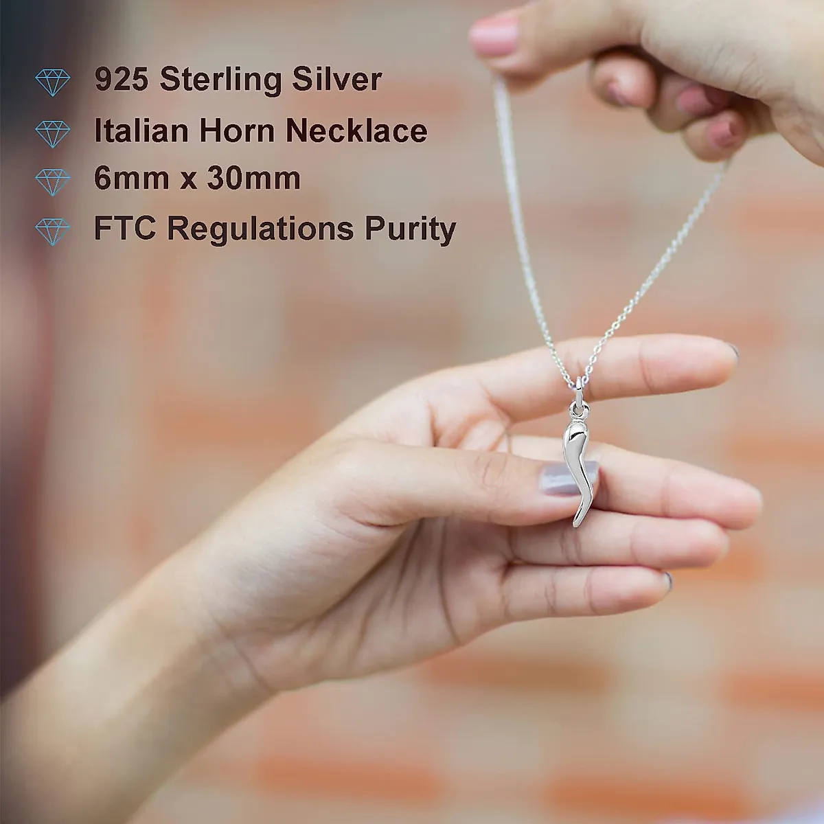Sterling Silver Italian Polished Rhodium Horn Cornicello Good Luck Charm Pendant - 6mm x 30mm - Italian Horn Necklace for Women Men - Protection Charm