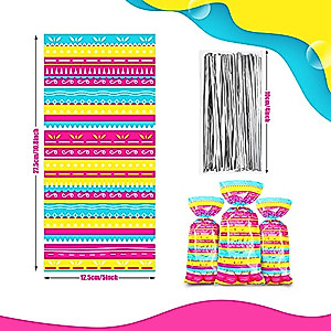 Keeoye 100 Pieces Mexican Fiesta Party Candy Bags Halloween Day of the Dead Treat Bags Cinde Mayo Cellophane Goodies Bags with 100 Silver Twist Ties for Fiesta TaBar (Keeoye-Party Favors-0718)
