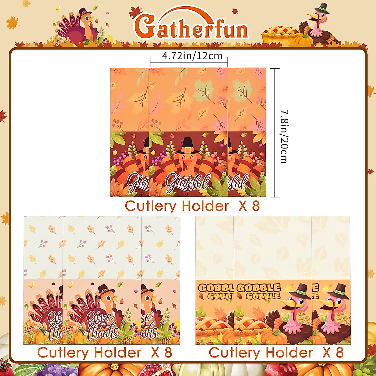 Tom Turkey Thanksgiving Cutlery Holder Set, Utensil Holder for Thanksgiving Turkey Party Table Decorations and Autumn Fall Harvest Party Table Decoration, 24 pack, Mix 3 designs