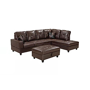 GINGVAT Faux Leather Sectional Sofa Furniture Set, L-Shape Couch with Right Chaise, Storage Ottoman and 2 Pillows for Apartment Home Hotel，Easy Assembly Required,Brown
