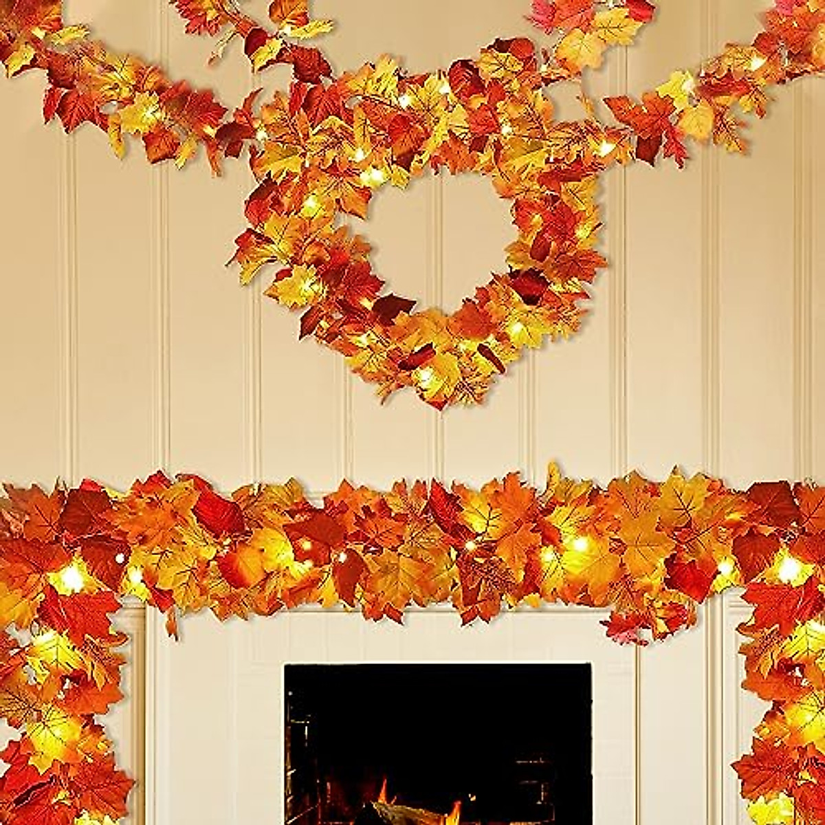 3 Pack Thanksgiving Decorations Lighted Fall Garland, 30 Ft 60 LED Battery Operated Maple Leaves String Lights for Indoor Outdoor Autumn Harvest Party Halloween Thanksgiving Decoration