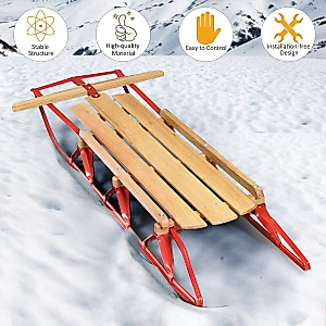 Renatone Wooden Sled, 54 Inch Snow Sleigh Toboggan w/Metal Runners & Steering Bar, Pull Sled for Kids & Adults, Steel & Wood, Red
